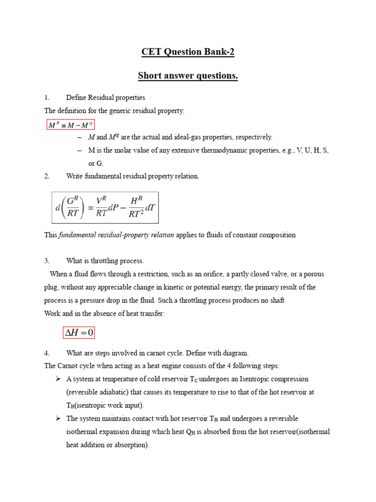 Cet-1 Question Bank2 For Students | PDF | Heat | Entropy