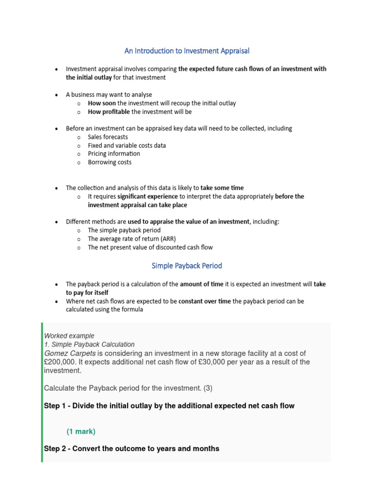 An Introduction To Investment Appraisal: The Initial Outlay For That ...