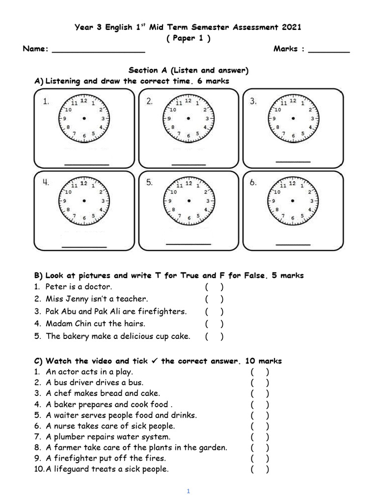 Year 3 English Mid-Term Assessment 2021 | PDF | Language Arts & Discipline