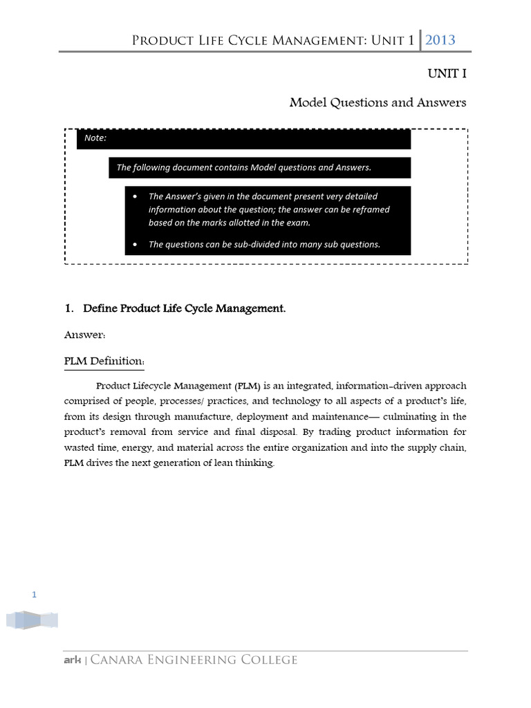Product Lifecycle Management - UNIT 1 (Model Questions) | PDF