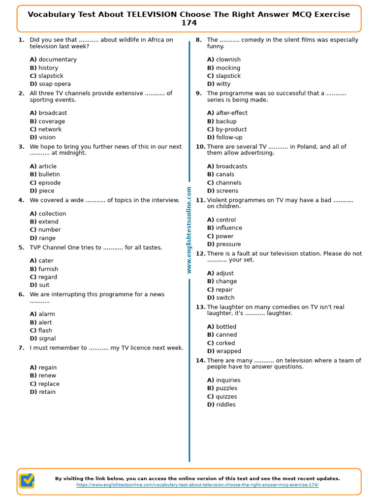 1087 - Vocabulary Test About Television Choose The Right Answer MCQ ...