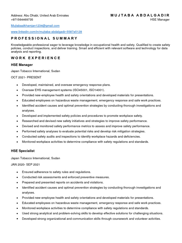 Mujtaba HSE Manager CV | PDF | Occupational Safety And Health | Safety