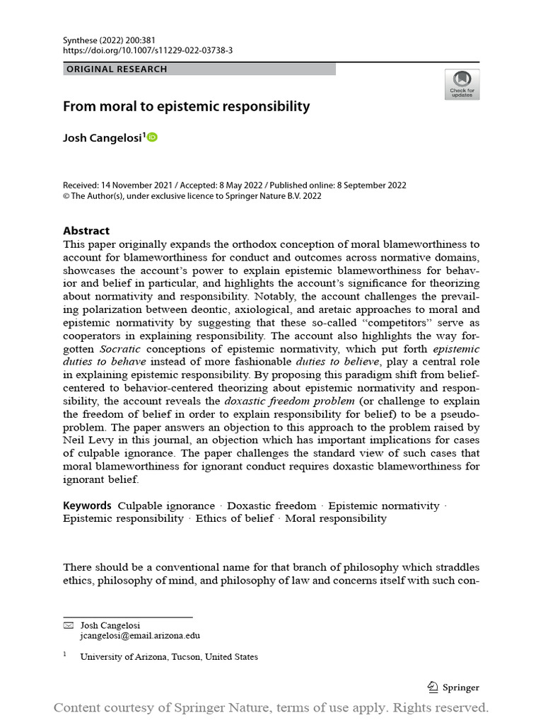 From Moral To Epistemic Responsibility | PDF