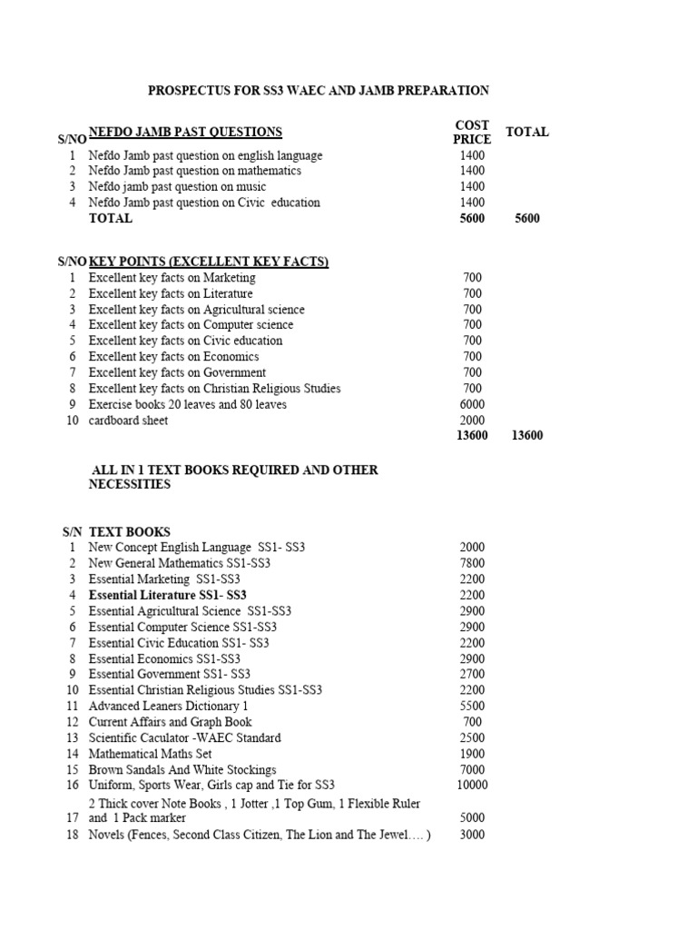 Ss3 Jamb and Waec Prospectus | PDF | Science