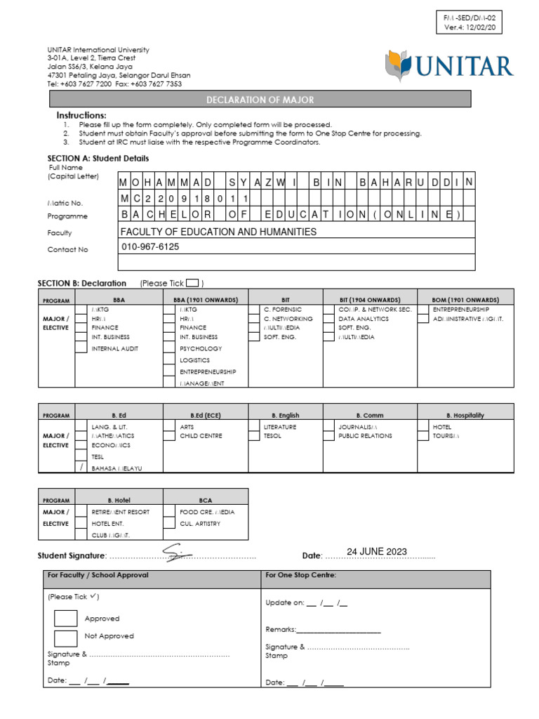 Declaration of Major - MC220918011 | PDF | Economies