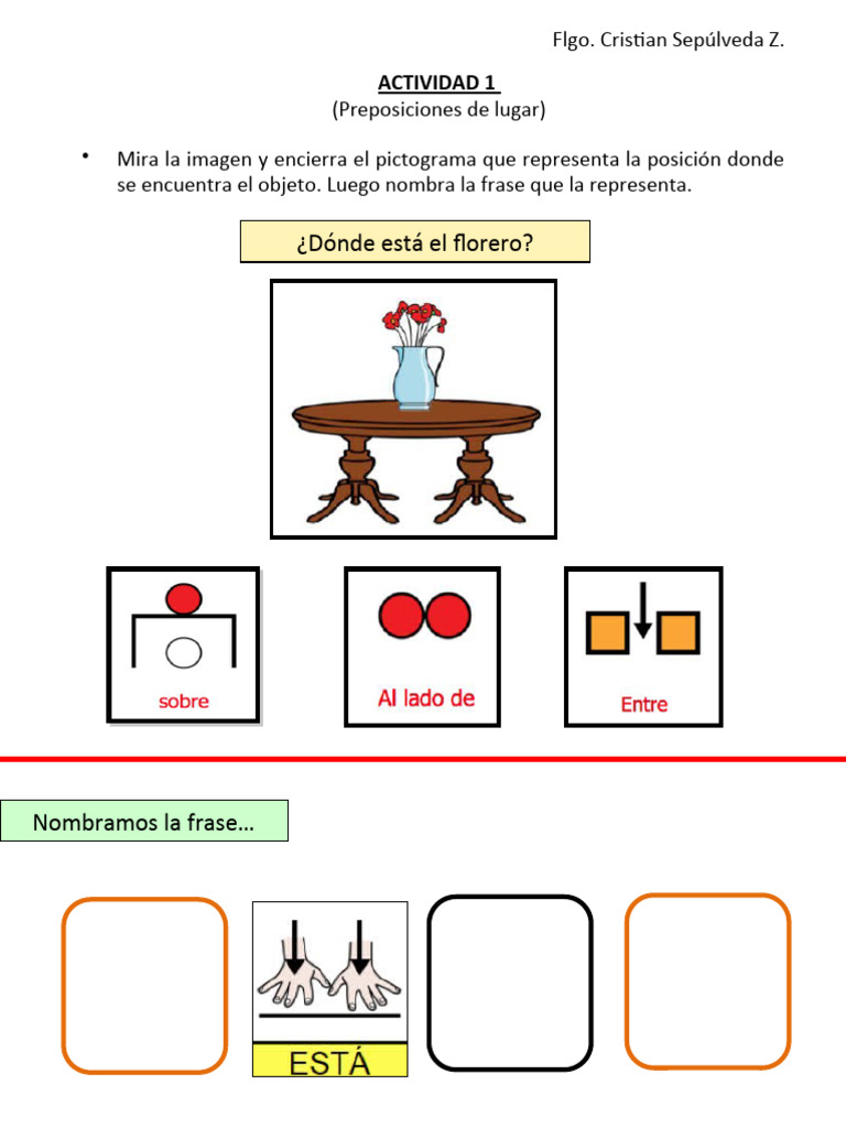 Actividad de Pictogramas y Preposiciones | PDF
