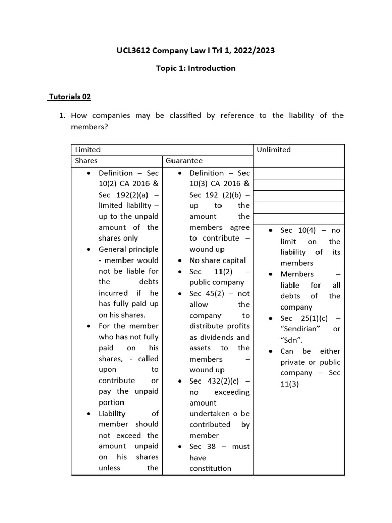 Company Law - Tutorial 2 | PDF