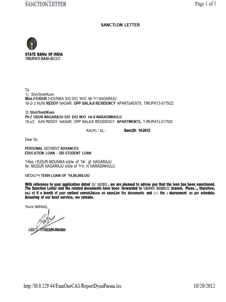 SBI Education Loan Sanction Letter | PDF