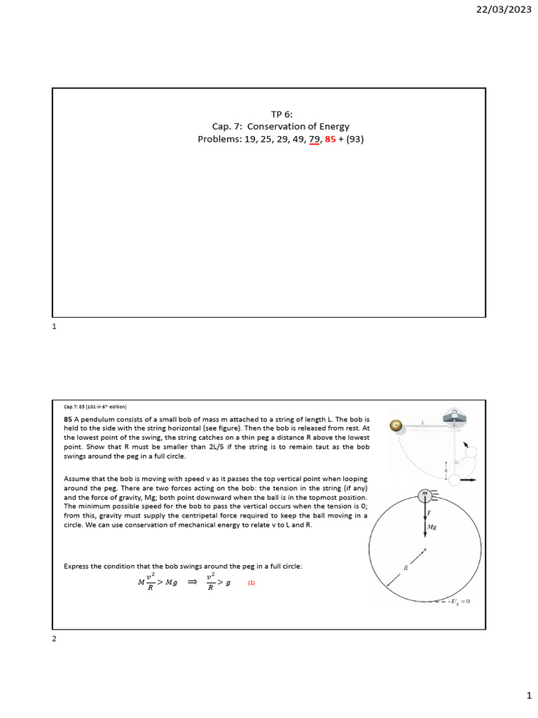 TP 6: Cap. 7: Conservation of Energy Problems: 19, 25, 29, 49, 79, + | PDF