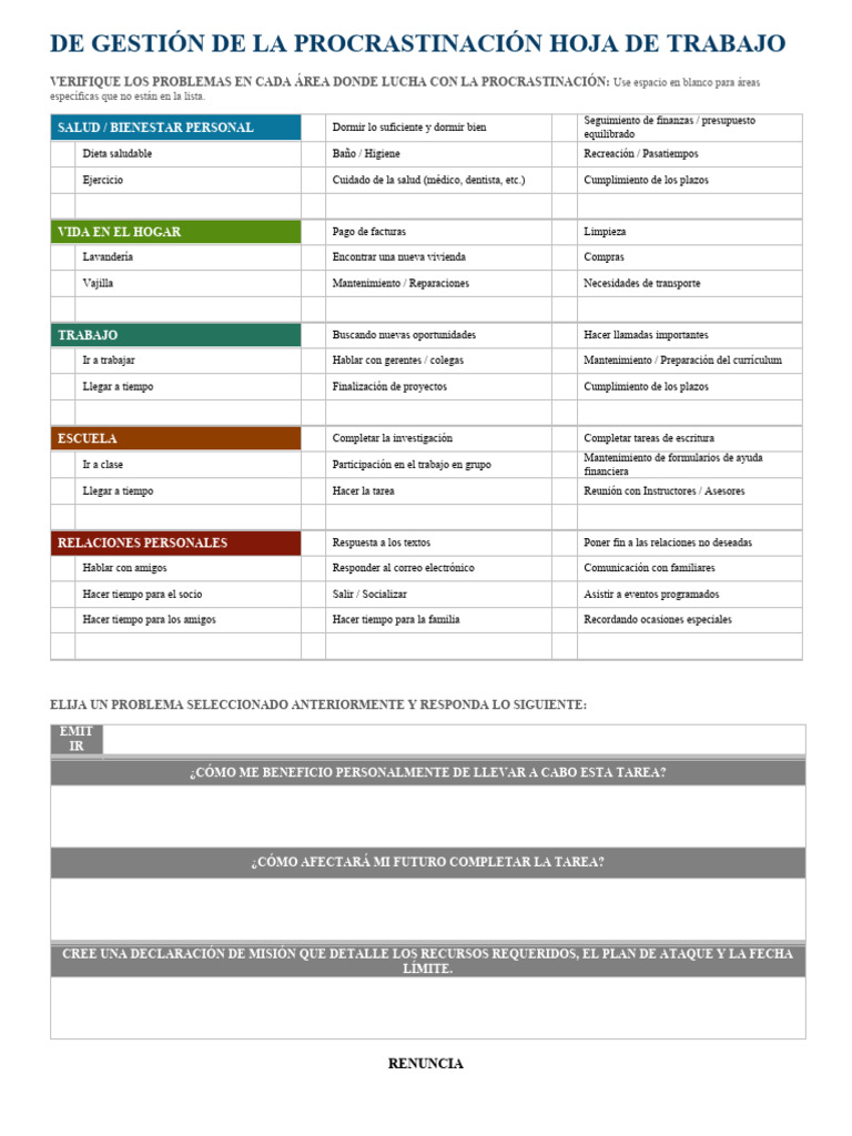 IC Procrastination Management Worksheet 27199 - WORD - ES | PDF
