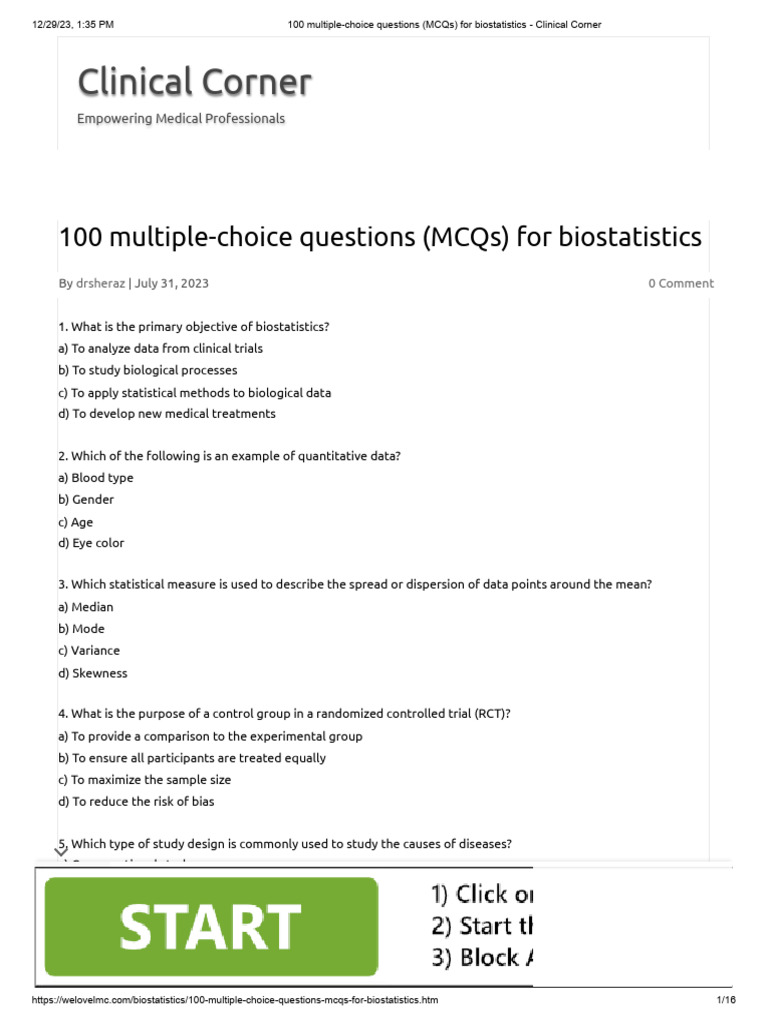 100 Multiple-Choice Questions (MCQS) For Biostatistics - Clinical Corner | PDF | Science ...