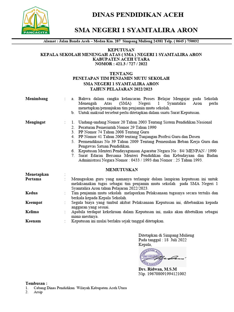 SK Penjamin Mutu SMA Negeri 1 Aron | PDF
