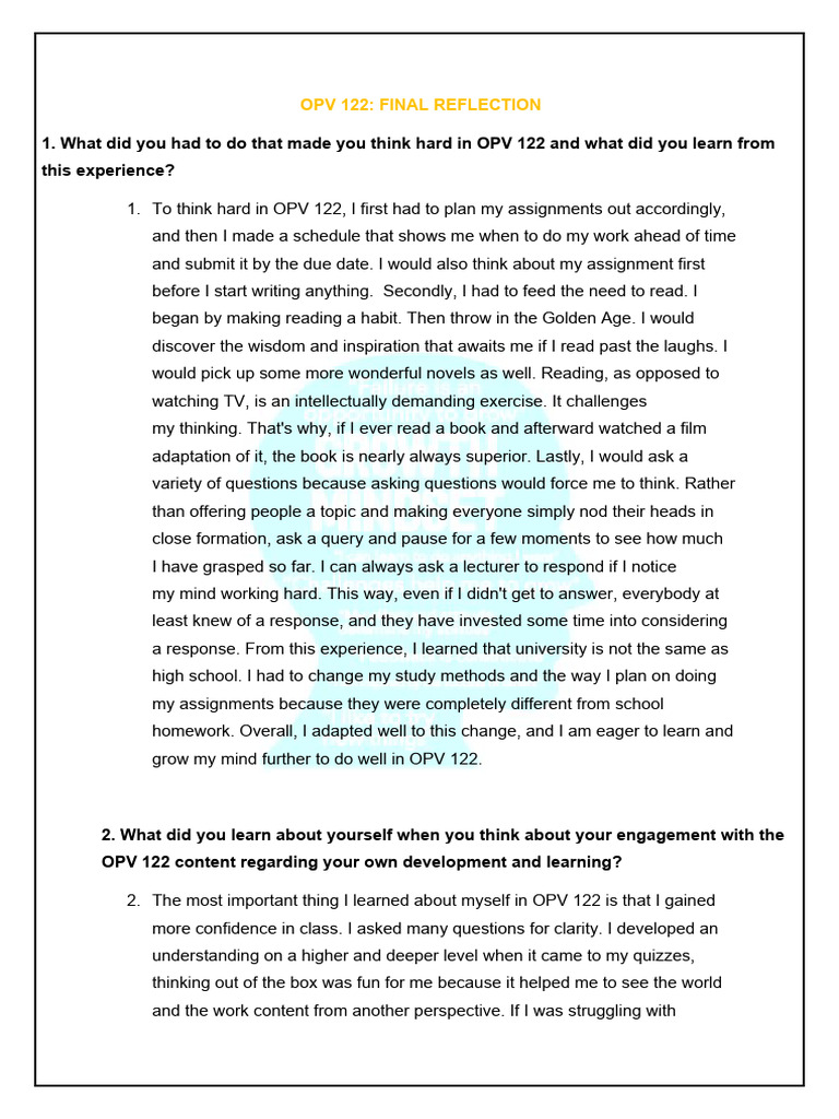 OPV 122 - Final Reflection Assessment 2022 Template | PDF | Learning ...