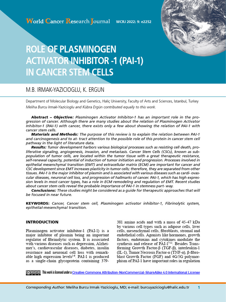 Role of Plasminogen Activator Inhibitor - 1 (Pai-1) in Cancer Stem ...
