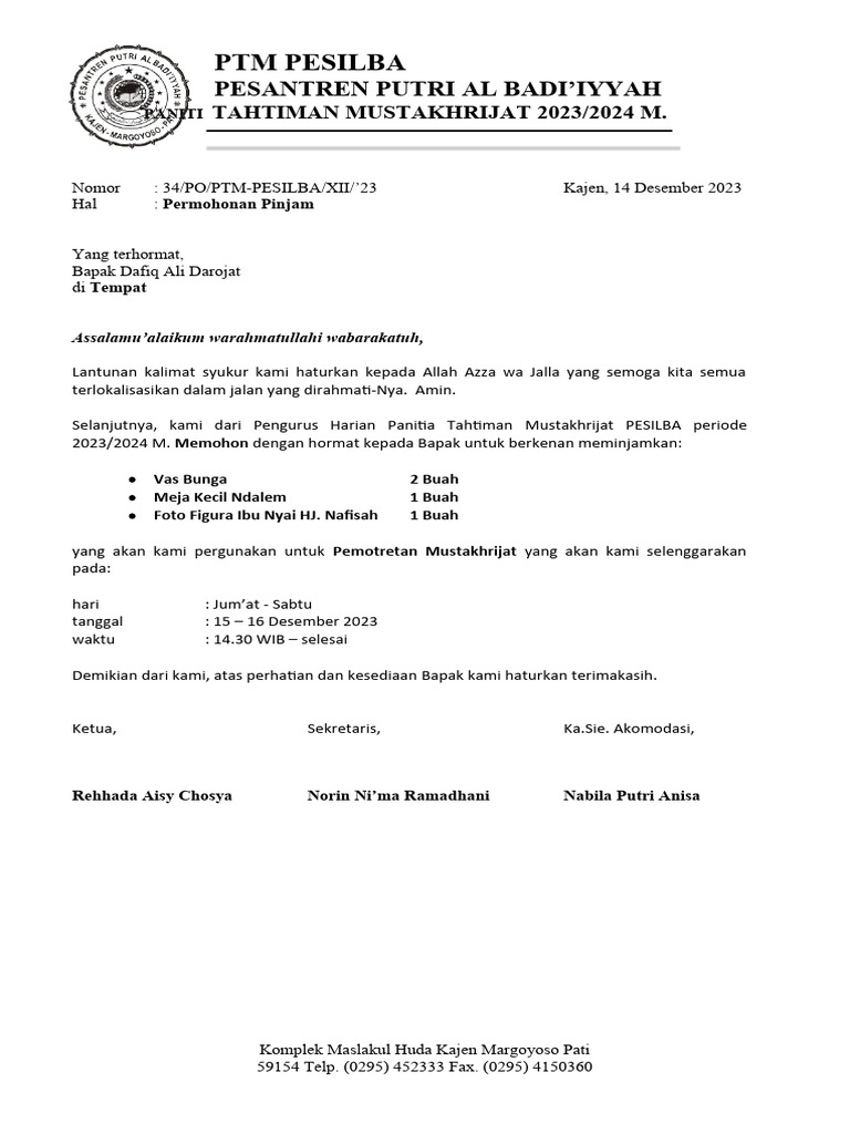 Contoh Surat Peminjaman | PDF