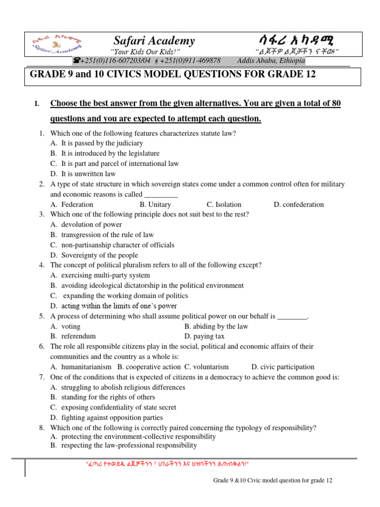 Grade 9 &10 Civic Model Question For Grade 12 | PDF