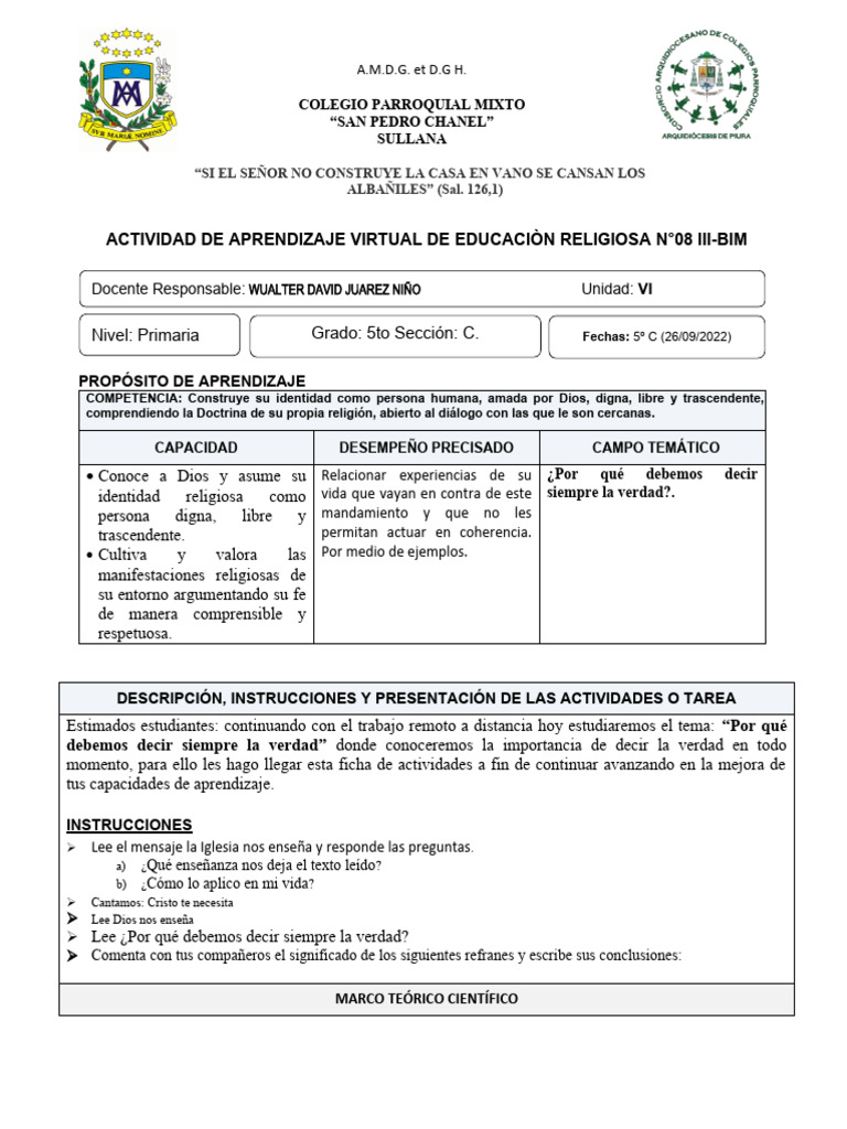 08-La Verdad Construye Un Mundo Mas Justo-5to C Prim. | PDF | Amor | Verdad