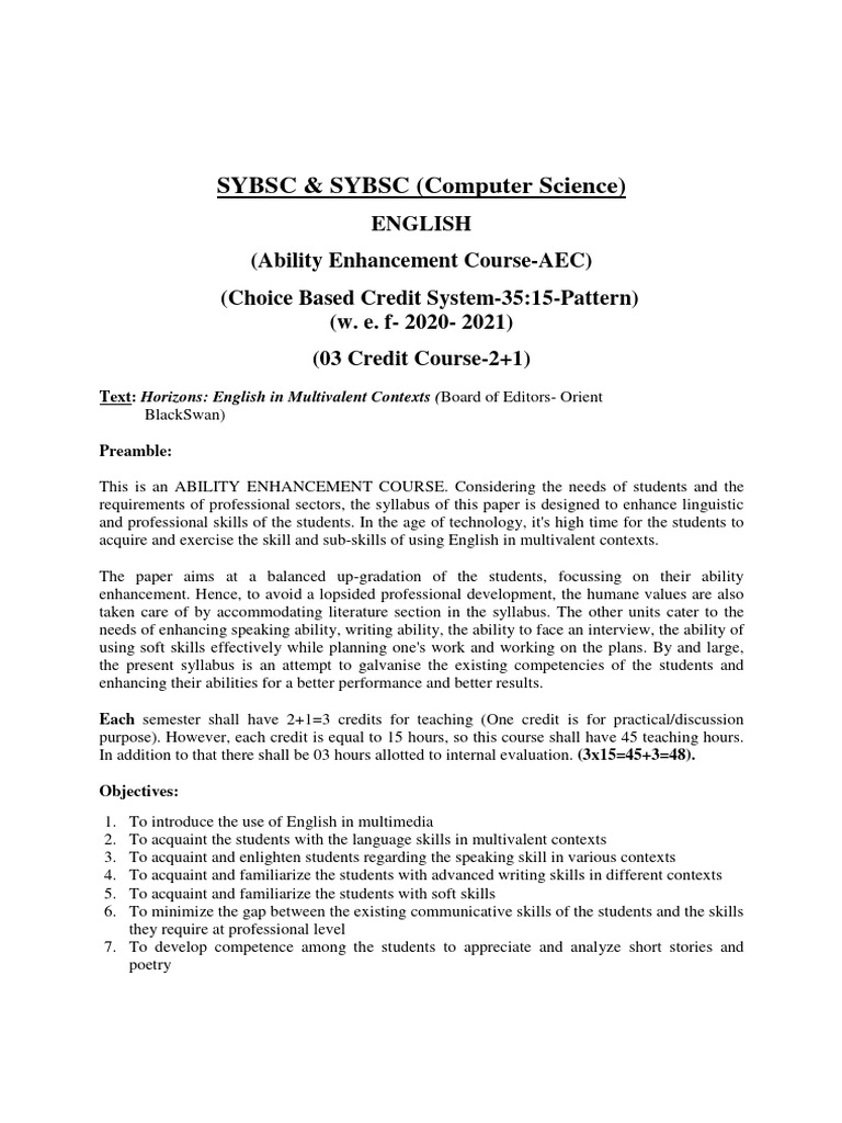 SYBSC English Syllabus Overview | PDF | Course Credit