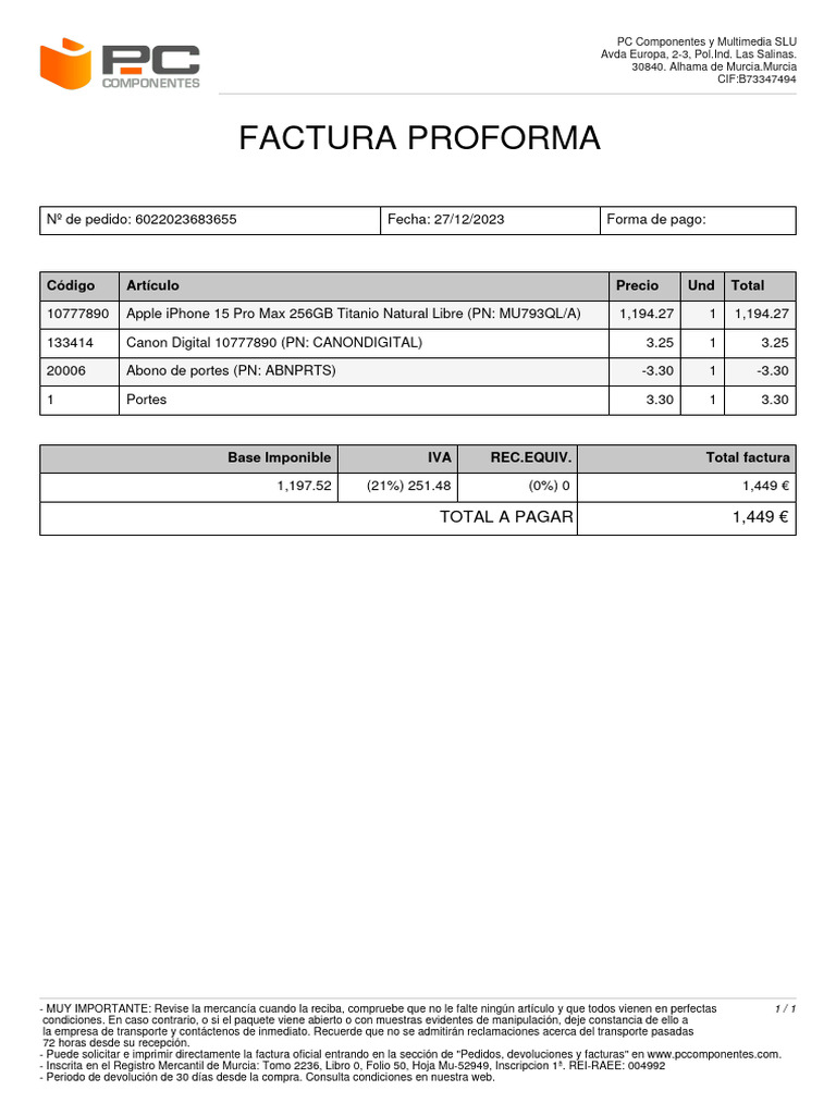 Factura Proforma: Código Artículo Precio Und Total | PDF | Informática ...