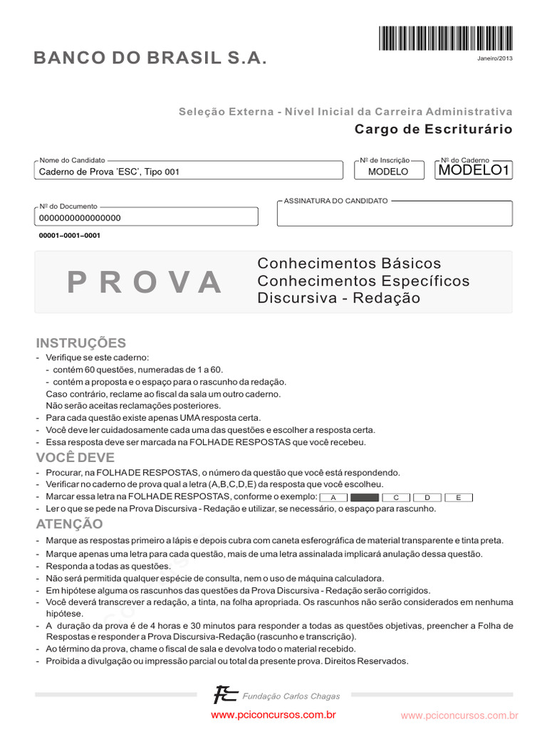 Concurso Banco Do Brasil Prova Versao 01 Escrituario 2013 | PDF Concurso Banco Do Brasil Prova Versao 01 Escrituario 2013 | PDF