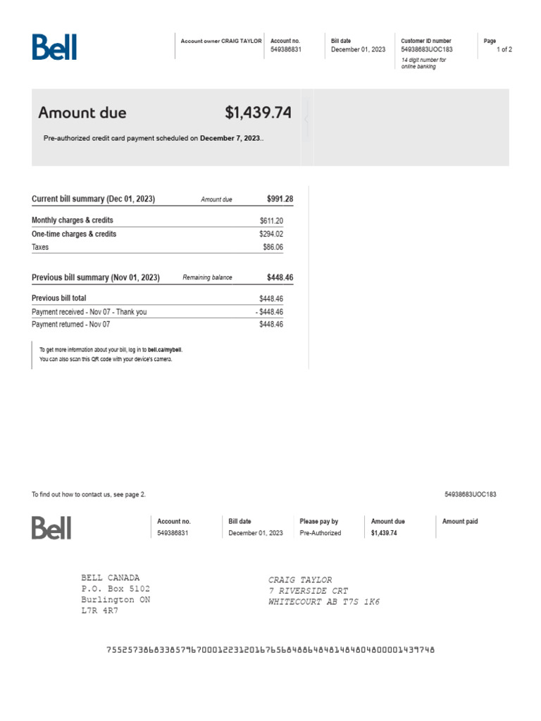 December 2023 Bell Canada Bill Summary | PDF