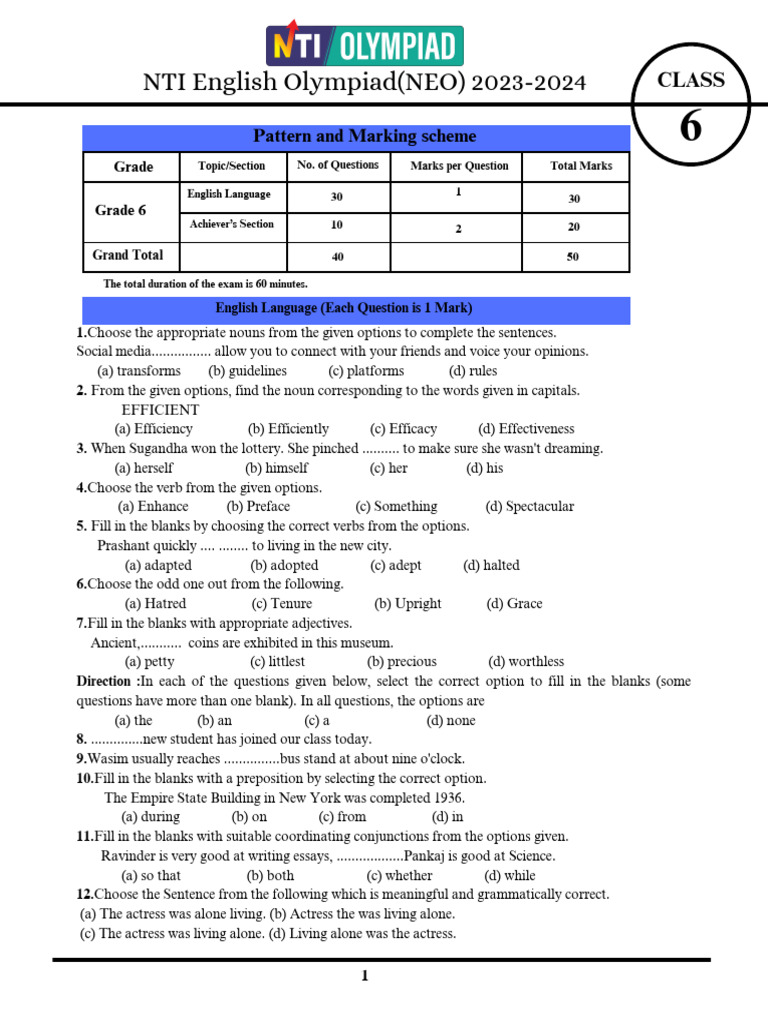 NTI OLYMPIAD English Class6 | PDF