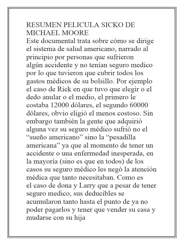 Resumen Pelicula Sicko de Michael Moore | PDF