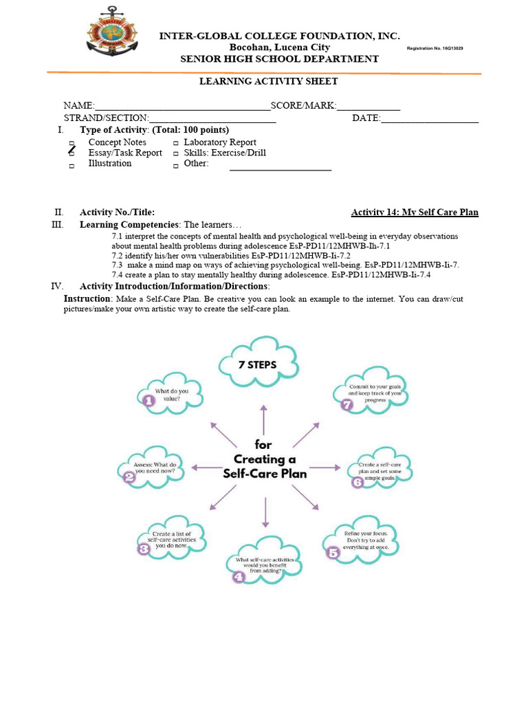 My Self Care Plan Pdf Goal Mental Health