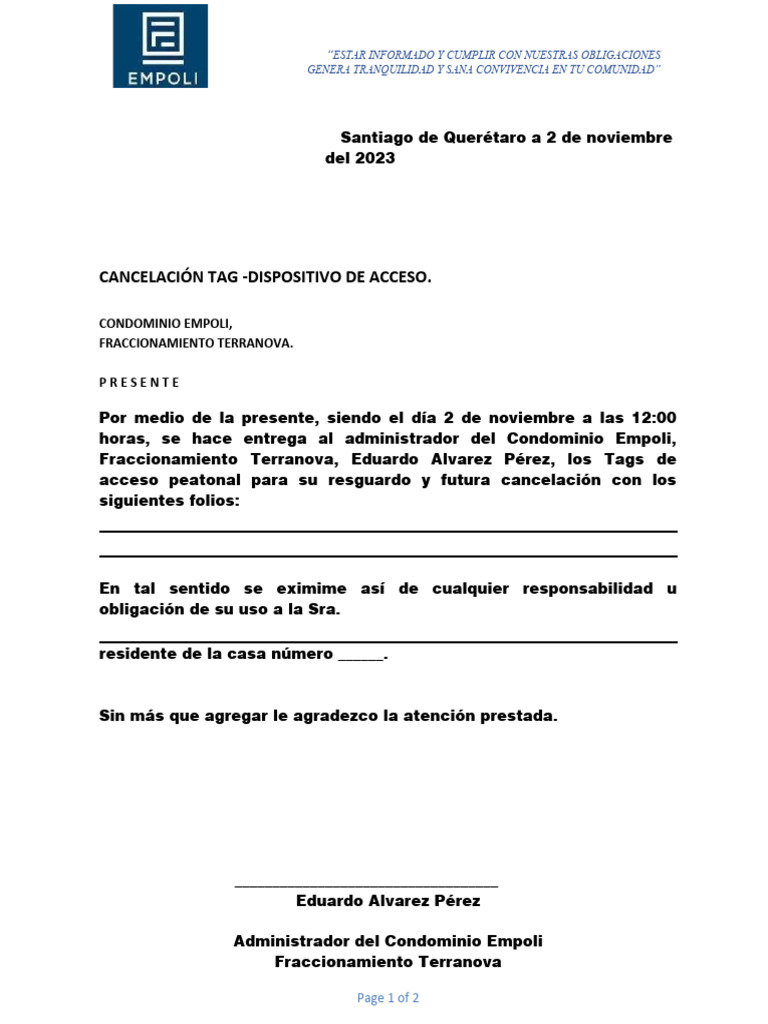 Carta Cancelacion Tag | PDF