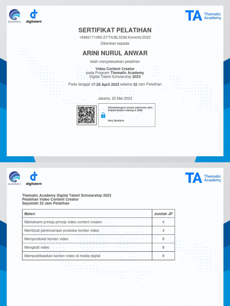 Sertifikat - ARINI NURUL ANWAR - Video Content Creator | PDF | Bisnis ...