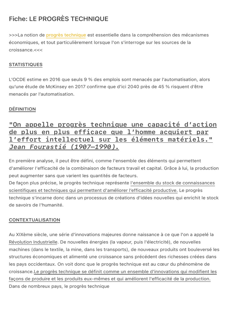 Fiche - LE PROGRÈS TECHNIQUE | PDF