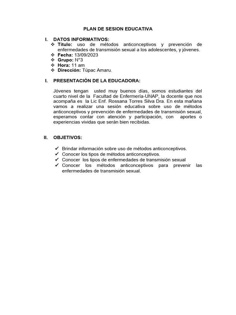 PLAN DE SESION EDUCATIVA - Uso de Metodos | PDF