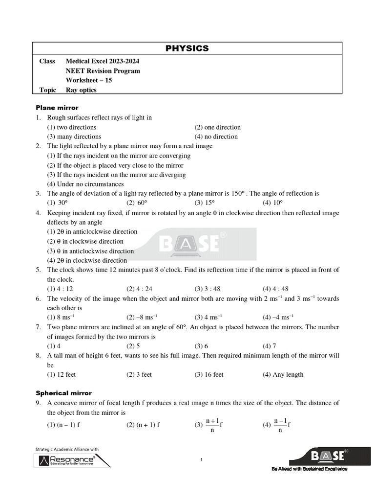 Worksheet 15 - Ray Optics | PDF | Optics | Electromagnetic Radiation