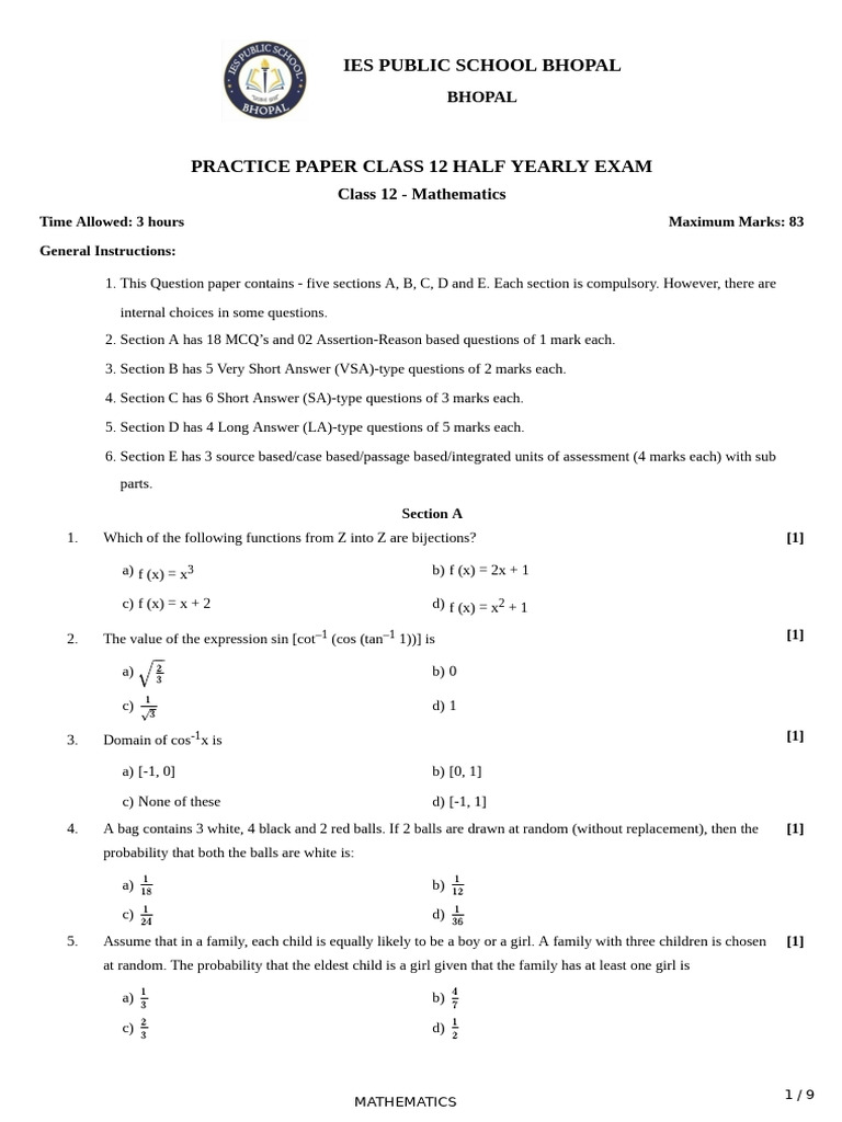 Class12 Mats Practice Paper Half Yearly Exam | PDF