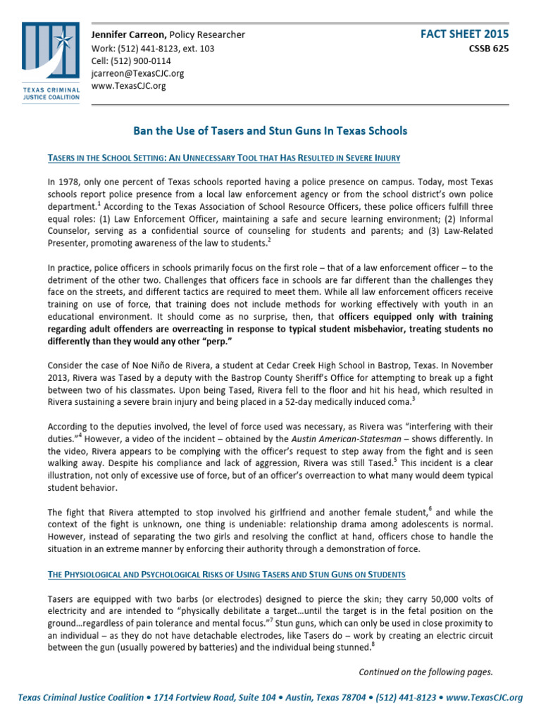TCJC Fact Sheet CSSB 625 (Tasers & Stun Guns in Schools) | PDF