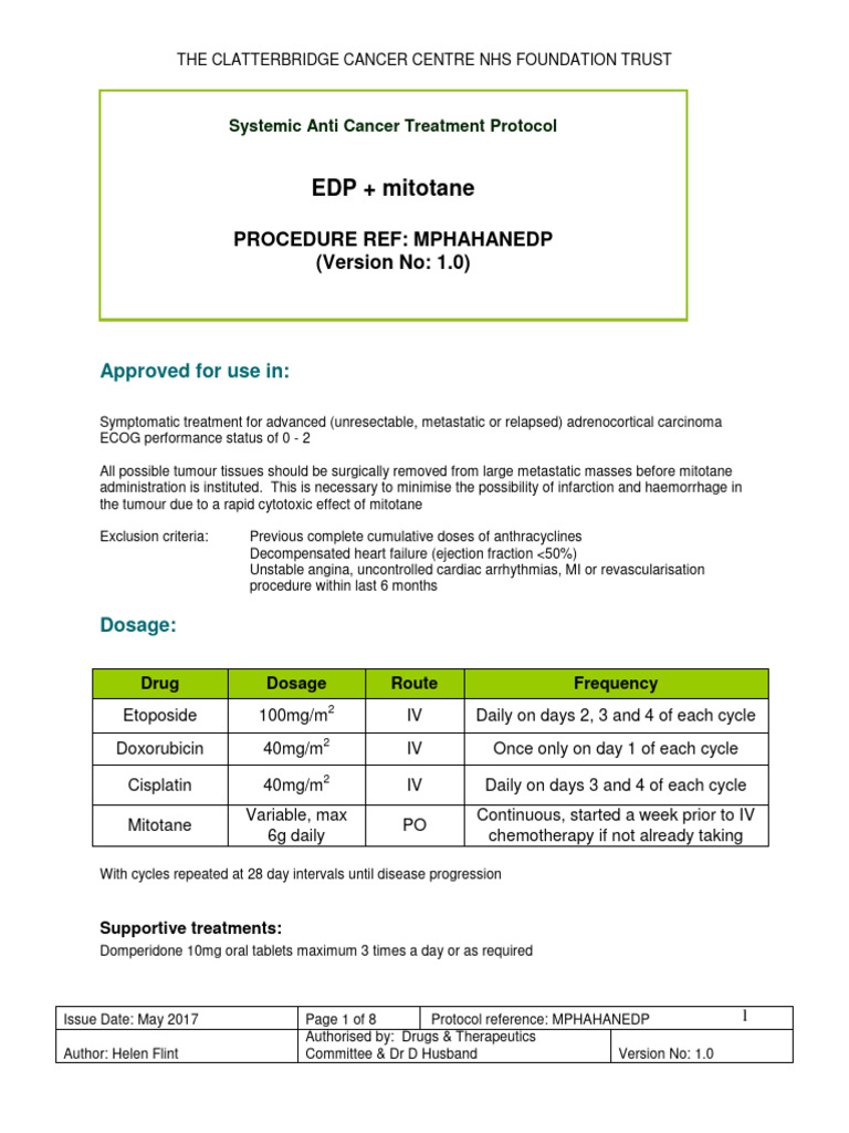EDP Mitotane Protocol V1.0 | PDF | Chemotherapy | Medical Specialties