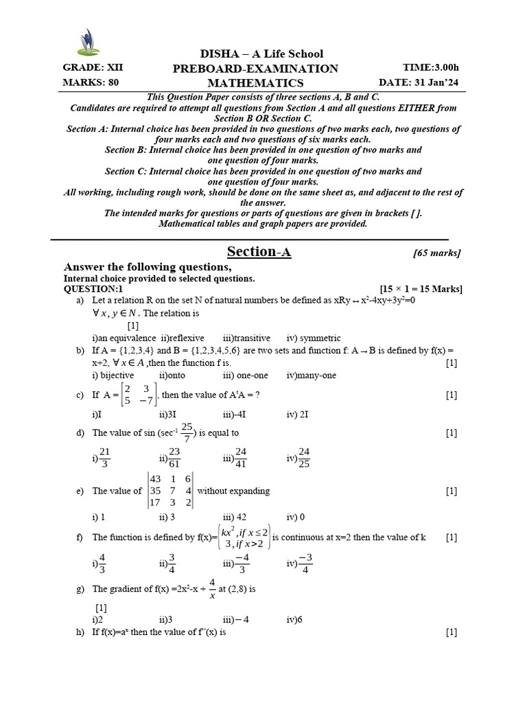 Grade-12-PRE-BOARD EXAMINATIONS-Mathematics QP-Jan-24 | PDF