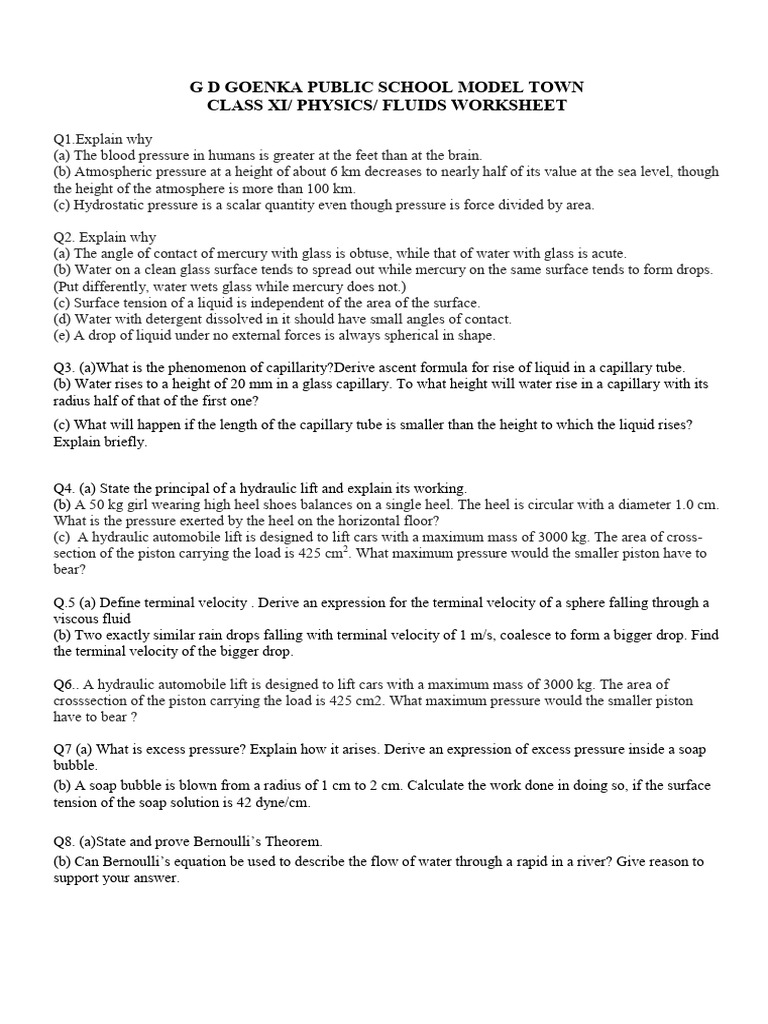 11 Physics Fluids Worksheet | PDF | Pressure | Liquids
