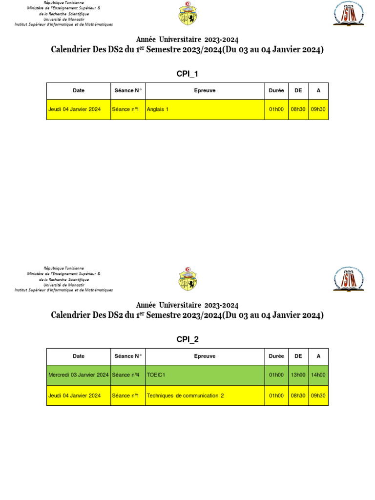 Calendrier DS2 S1 2023-2024 | PDF