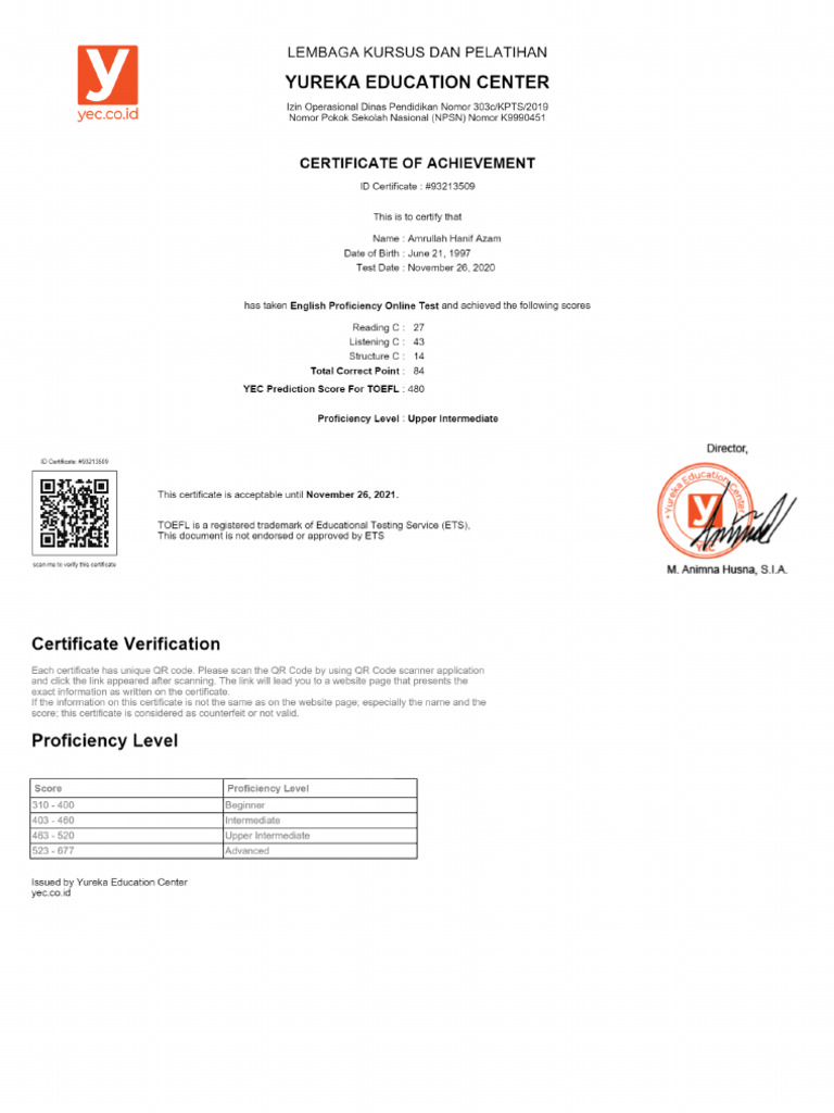 TOEFL Certificate | PDF