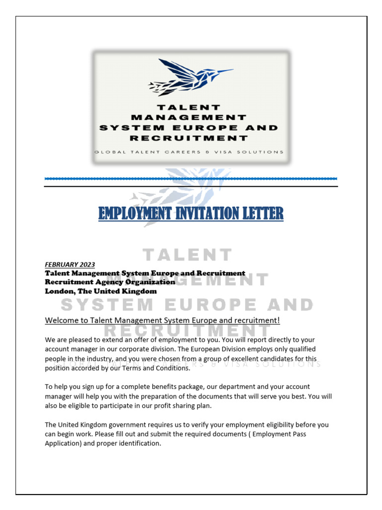Employment Invitation for Europe Role | PDF