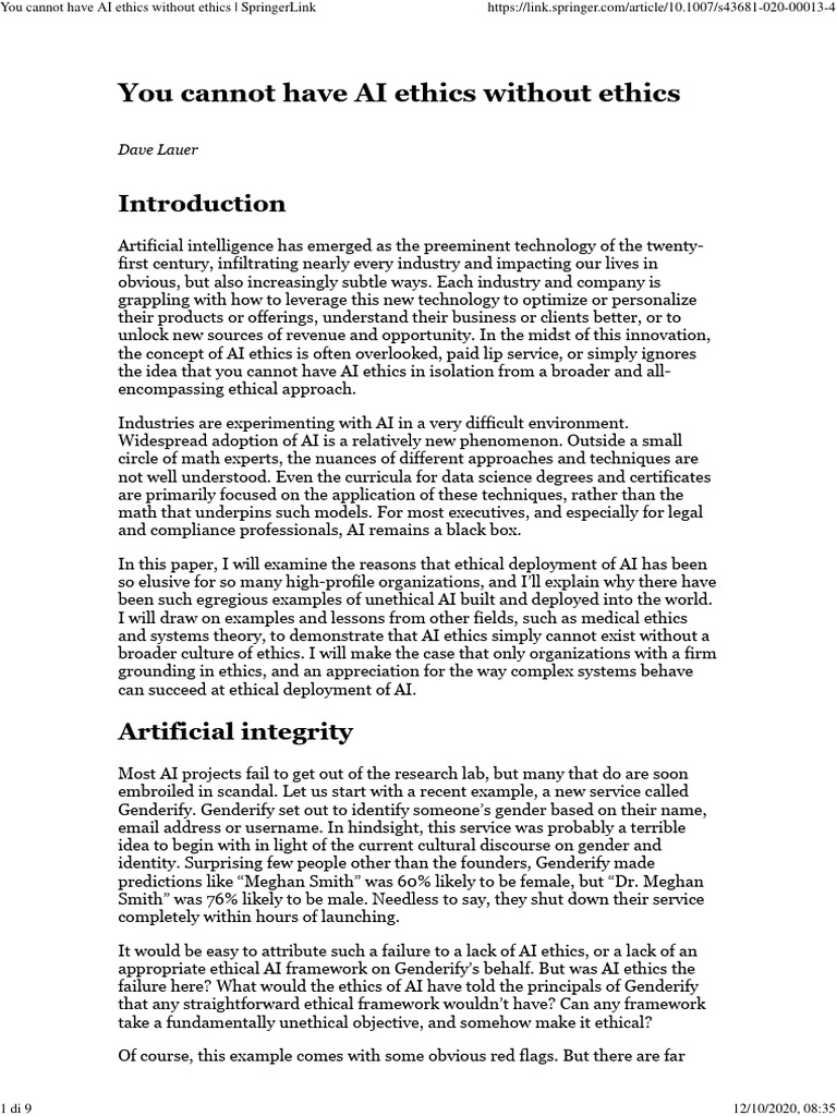You Cannot Have AI Ethics Without Ethics - SpringerLink | PDF | Artificial Intelligence ...