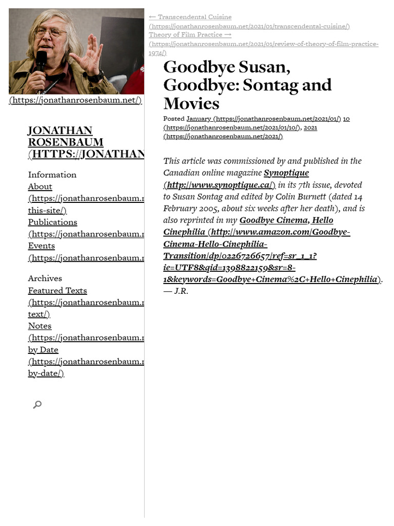 Goodbye Susan, Goodbye - Sontag and Movies - Jonathan Rosenbaum | PDF