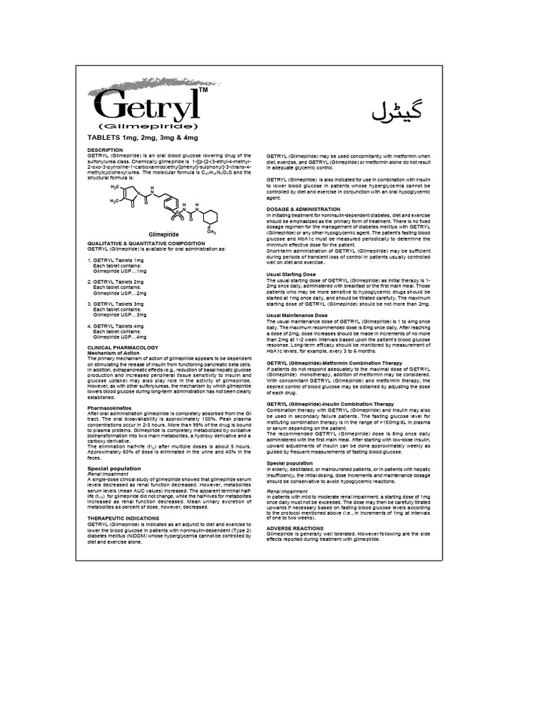 Getryl (Glimepiride) Overview and Uses | PDF
