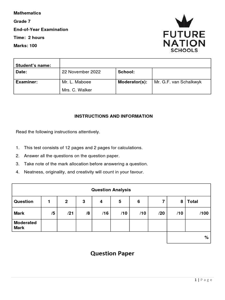 Grade 7 Mathematics Exam Paper 2022 | PDF | Area | Mathematics