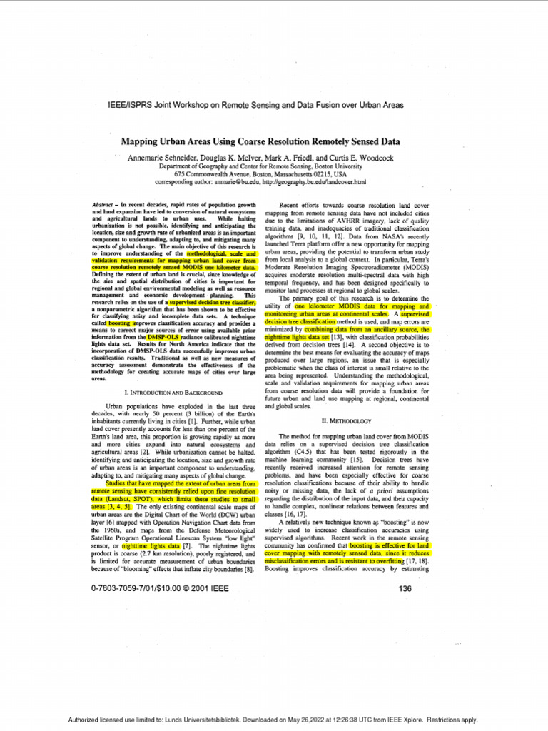 Mapping Urban Areas Using Coarse Resolution Remotely Sensed Data | PDF | Statistical ...
