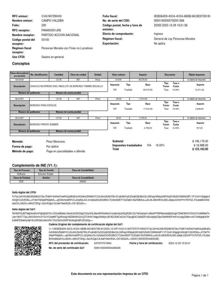 Conceptos: 53103100 137.00 H87 Pieza 610.00 83,570.00 Sí Objeto de ...