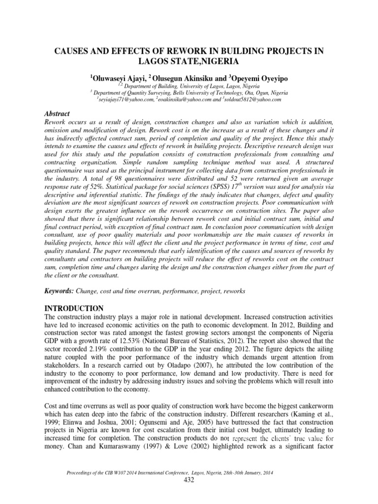 Causes and Effects of Rework in Building Projects in Lagos State, Nigeria | Download Free PDF ...