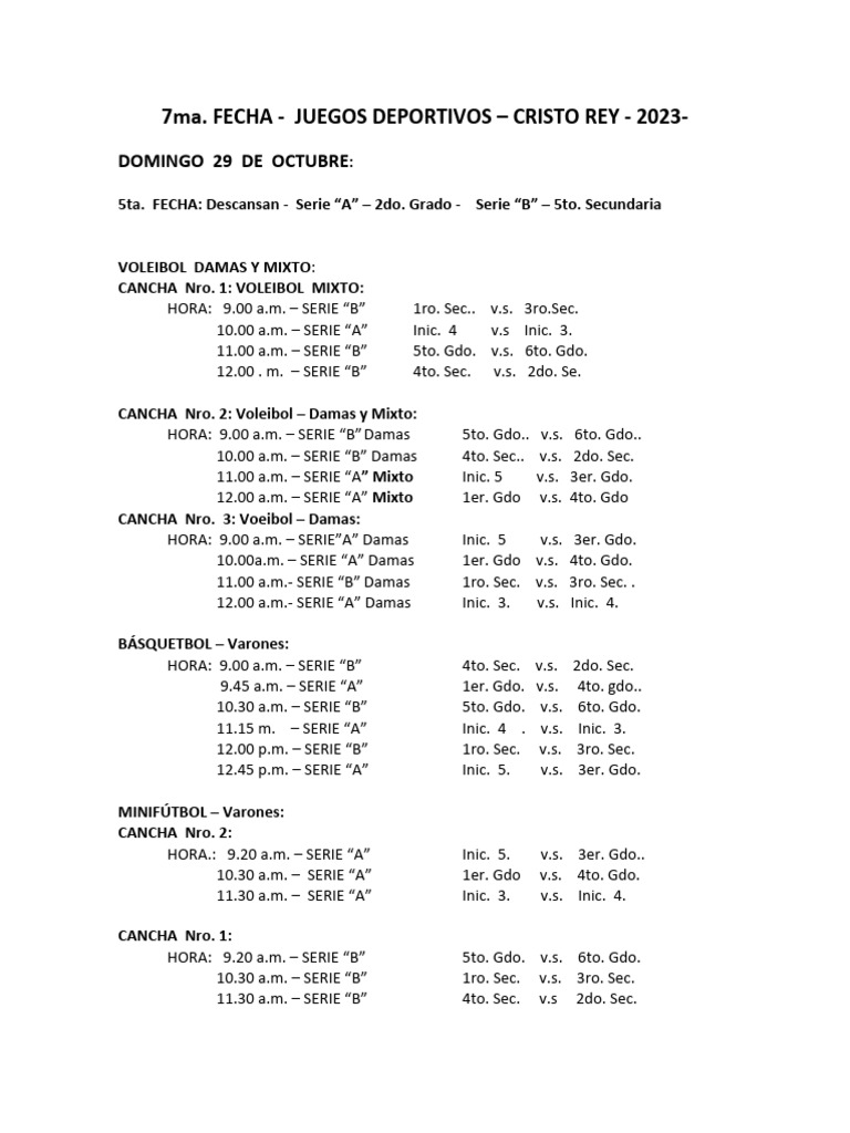 7ma. Fecha - Juegos. Deportivos Xto. Rey 2023 | PDF