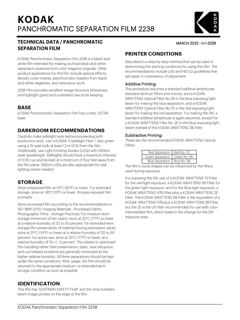 KODAK Panchromatic Separation Film 2238 | PDF | Optical Filter ...